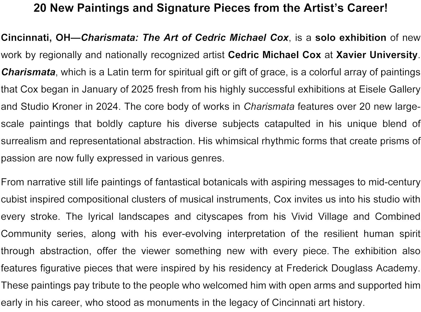 20 New Paintings will be Featured in New Exhibition – Cedric Michael Cox